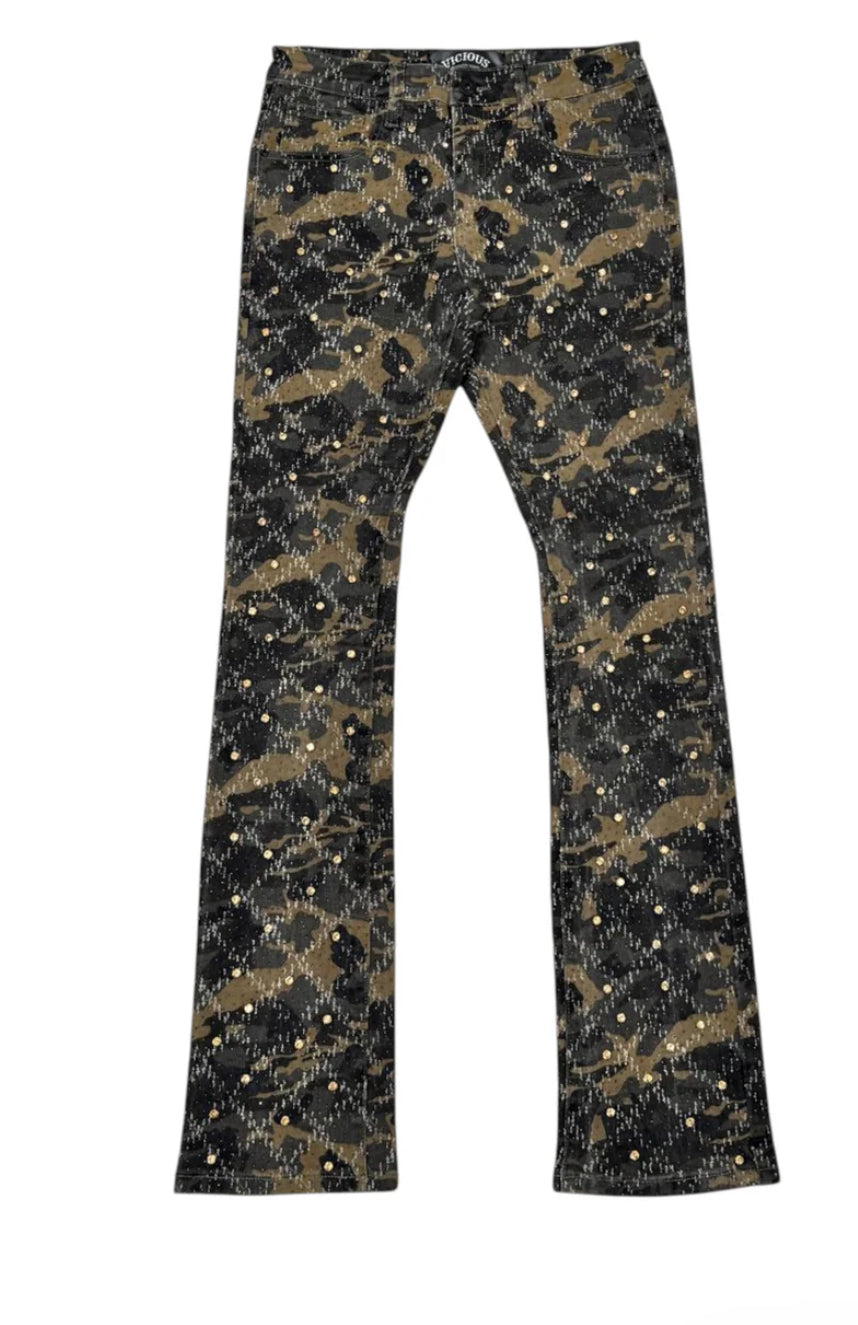VICIOUS DENIM: EMBELLISHED FLARE CAMO JEANS – 85 86 eightyfiveightysix